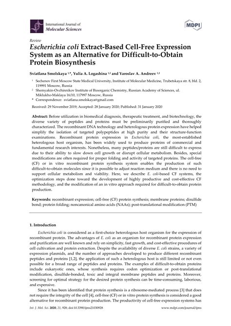 Pdf Escherichia Coli Extract Based Cell Free Expression System As An Alternative For Difficult
