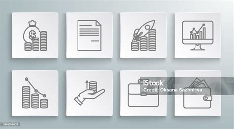 라인 파이 차트 인포 그래픽 및 동전 문서 손에 돈 서류 가방 지폐 현금 동전 성장을 비행하는 로켓 컴퓨터 모니터 및 가방 아이콘이있는 지갑을 설정합니다 벡터 가방에 대한