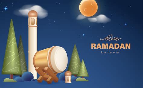 3d 현실적인 Bedug 또는 드럼 벡터 일러스트와 함께 라마단 카림 포스터 디자인 프리미엄 벡터