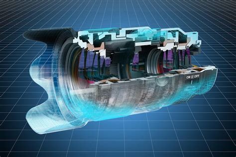 카메라 렌즈 청사진 3d 렌더링의 시각화 3d Cad 모델 프리미엄 사진