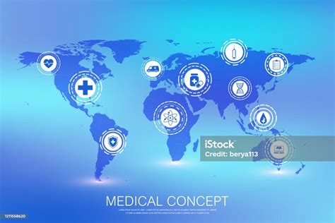 플랫 아이콘이 있는 추상적인 건강 관리 배너 템플릿입니다 의료 의학 개념 의료 혁신 기술 약국 배너입니다 벡터 일러스트레이션 세계지도에 대한 스톡 벡터 아트 및 기타 이미지