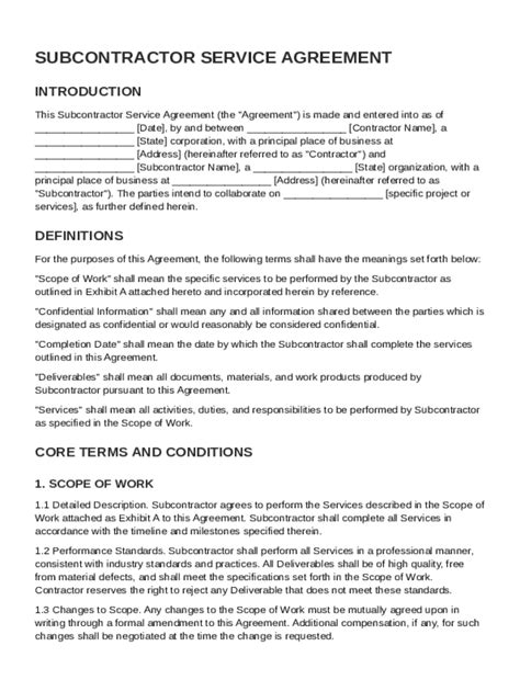 Subcontractor Service Agreement Template Form Fill Out And Sign