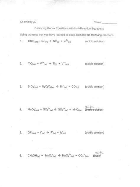 Balancing By Half Reaction Acidic Solution Only Pdf