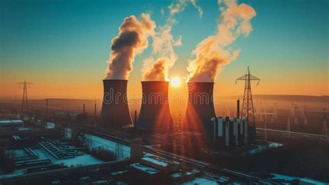 Nuclear Power Plant Towers Releasing Steam At Sunrise Stock Image