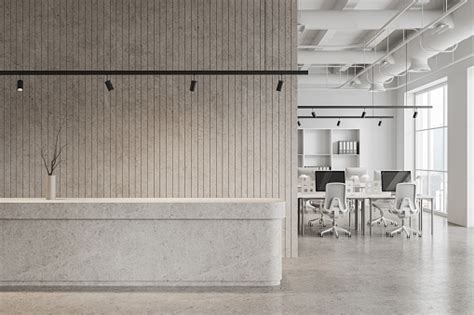 탁 트인 창문 근처에 리셉션 데스크와 작업 공간이 있는 사무실 내부 0명에 대한 스톡 사진 및 기타 이미지 0명 3차원 형태 가구 Istock