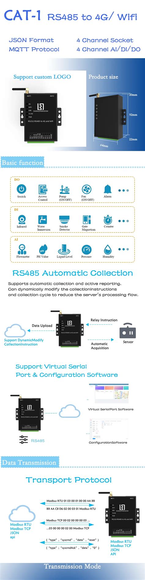 RS485DTU Modbus RTU TCP MQTT Gateway With 4G WiFi GPRS IoT Analog Input 8 28V Data Acquisition