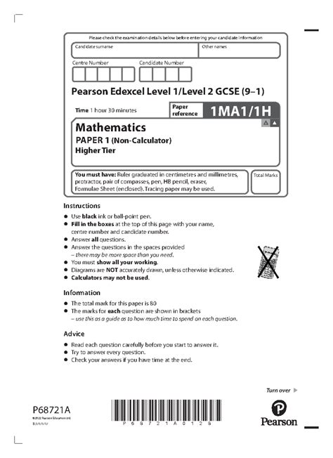 Edexcel Gcse Maths Higher Paper 1 Non Calculator November 2022 Centre Number Candidate Number