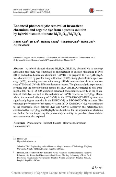 Enhanced Photocatalytic Removal Of Hexavalent Chromium And Organic Dye From Aqueous Solution By