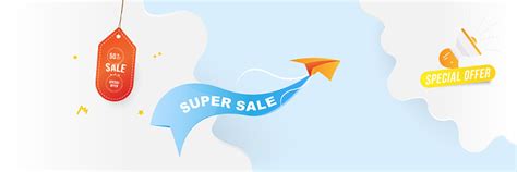 수평 배너 큰 판매 50 특별 한 제공 합니다 종이 비행기 스피커와 구름 파란 배경에 빨간색 꼬리표와 비행 평면 벡터 그림 Eps10입니다 개념에 대한 스톡 벡터 아트 및