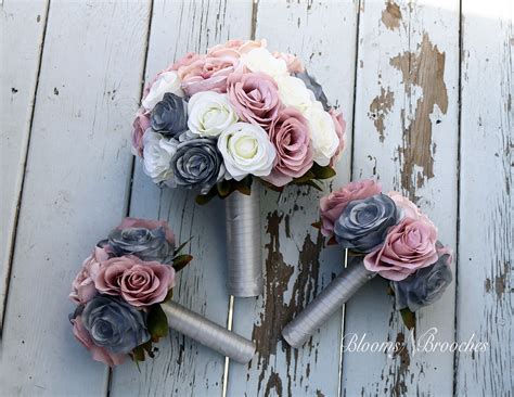 Dusty Rose Grey And Ivory Wedding Bouquet Wedding Flowers Etsy