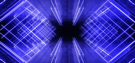 네온 빛나는 보라색 활기찬 공상 과학 소설 미래 단계 연단 건설 금속 삼각형 콘크리트 그런지 반사 어두운 밤 가상 쇼 배경 레이저 터널 복도 3d 렌더링 0명에 대한 스톡