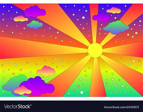 Vintage Psychedelic Landscape With Sun And Clouds Vector Image