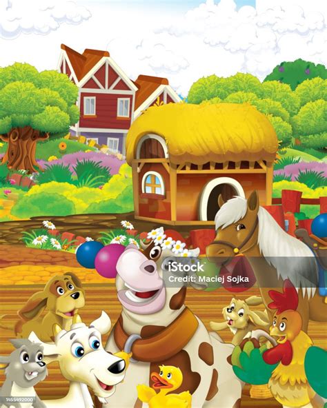 흰색 바탕에 농장에서 즐거운 시간을 보내는 소가 있는 만화 장면 아이들을 위한 그림 가축에 대한 스톡 벡터 아트 및 기타 이미지 가축 귀여운 놀이 Istock