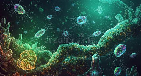 Microscopic Life Forms Thrive In A Vibrant Teal Biome Stock
