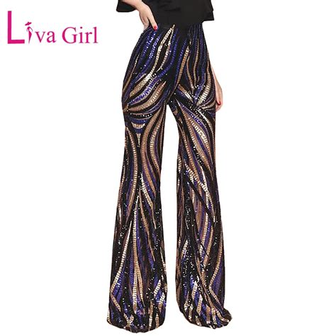 Liva Girl 화려한 블랙 코발트 스팽글 바지 여성 섹시한 메쉬 스트라이프 패턴 하이 웨스트 플레어 바지 여성 댄스 롱 팬츠