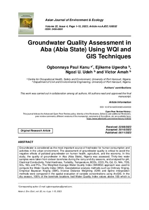Pdf Groundwater Quality Assessment In Aba Abia State Using Wqi And