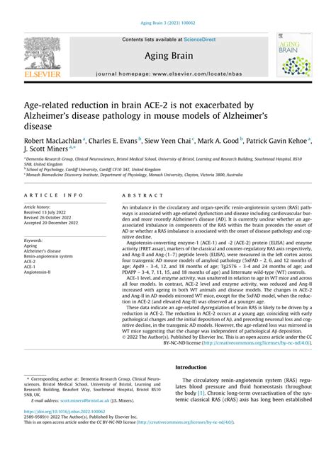 Pdf Age Related Reduction In Brain Ace 2 Is Not Exacerbated By