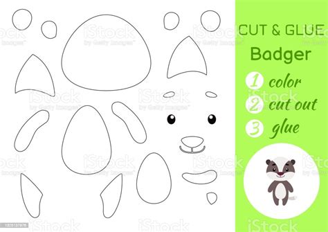 색상 잘라 접착제 종이 작은 오소리 공예 활동 페이지를 잘라 붙여 넣기 유치원 어린이를위한 교육 게임 Diy 워크 시트 아이 로직 게임 퍼즐 벡터 스톡 일러스트레이션입니다