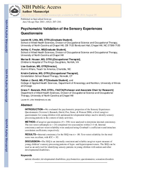 Pdf Psychometric Validation Of The Sensory Experiences Questionnaire