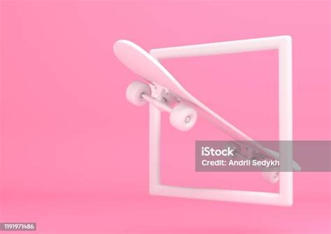 파스텔 색상의 밝은 분홍색 배경에 프레임에 흰색 스케이트 보드 0명에 대한 스톡 사진 및 기타 이미지 0명 3차원 형태 개념 Istock