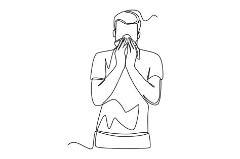 단일 선 그리기 코를 불고 있는 건강에 해로운 남자는 독감이나 감기 발열 및 독감 개념 개념 연속 선 그리기 디자인 그래픽 벡터