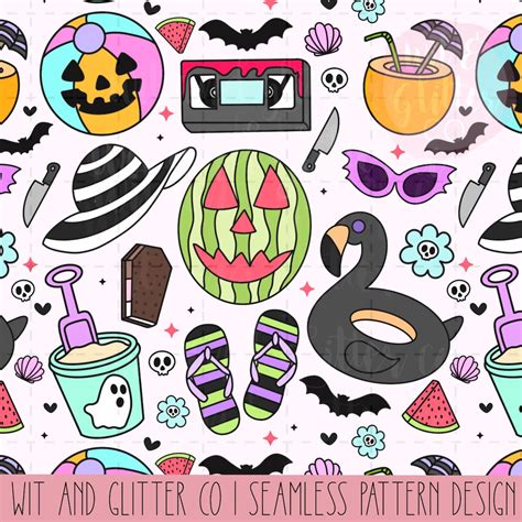 Summerween Seamless Pattern Spooky Halloween Summer Design Digital