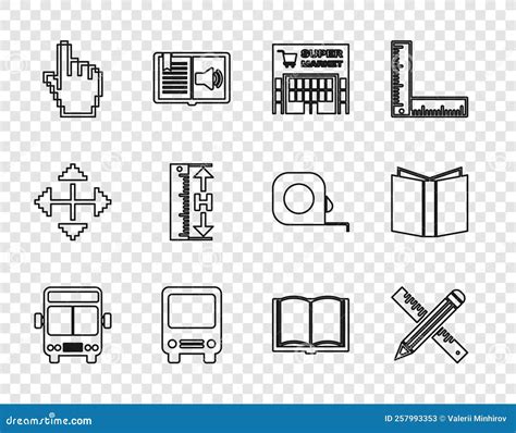 Set Line Bus Crossed Ruler And Pencil Supermarket Building Pixel Hand Cursor Measuring