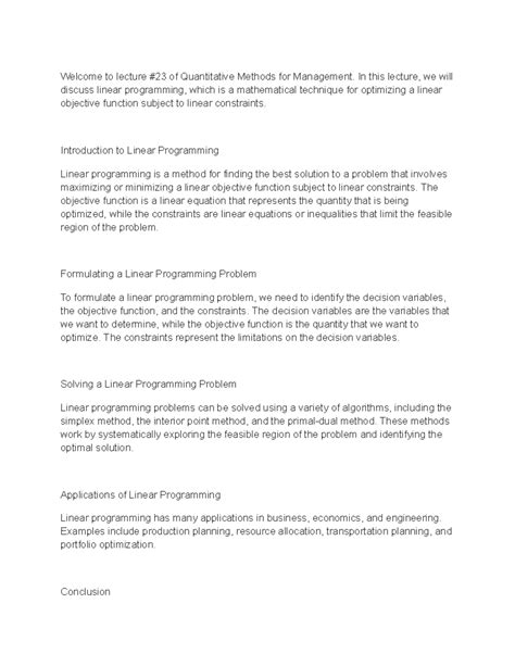 Lecture 23 Linear Programming Welcome To Lecture 23 Of Quantitative Methods For Management