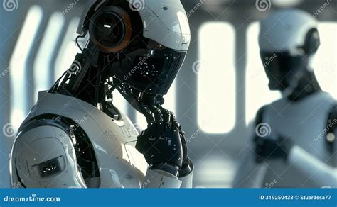 Futuristic Robot Contemplating With Hand On Chin Stock Image Image Of