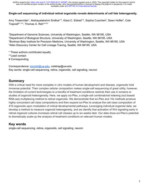 Pdf Single Cell Sequencing Of Individual Retinal Organoids Reveals Determinants Of Cell Fate