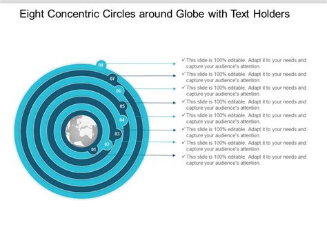 eight concentric circles around globe with text holders ppt powerpoint