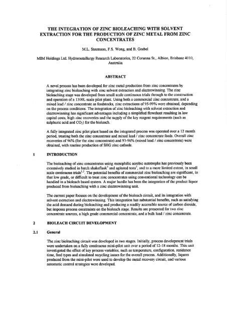 The Integration Of Zinc Bioleaching With Solvent Ausenco