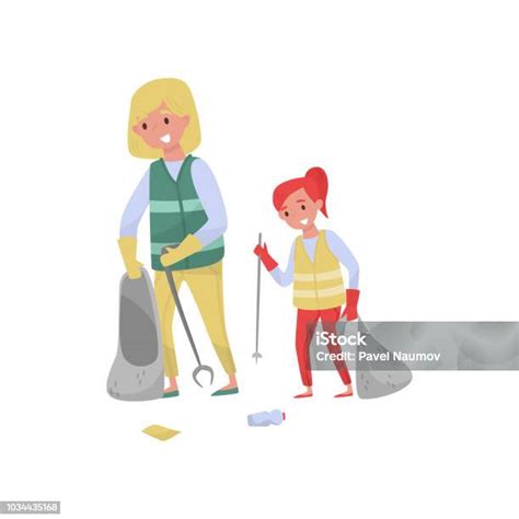 어머니와 쓰레기와 플라스틱 수집 조끼에 그녀의 Dughter 폐기물 재활용 환경 보호 및 교육 개념 벡터 일러스트 레이 션에 흰색 배경에 대 한 가방에 대한 스톡 벡터 아트