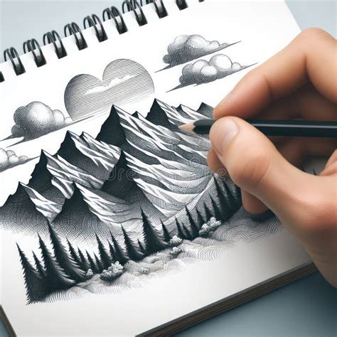 Beautiful Natural Landscape Drawn In A Notebook With A Pencil Stock Image Image Of Office