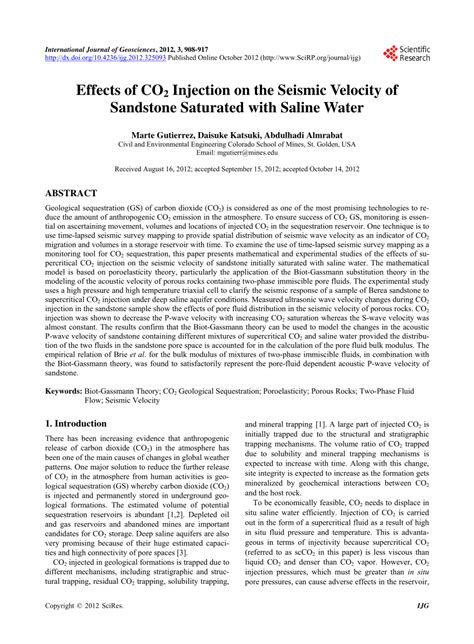 Pdf Effects Of Co2 Injection On The Seismic Velocity Of Sandstone Saturated With Saline Water