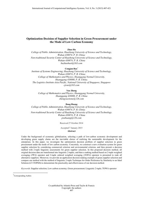 Pdf Optimization Decision Of Supplier Selection In Green Procurement Under The Mode Of Low