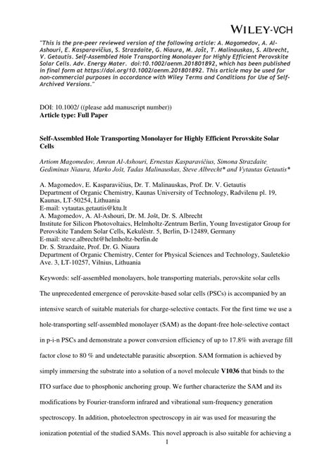 Pdf Self Assembled Hole Transporting Monolayer For Highly Efficient Perovskite Solar Cells