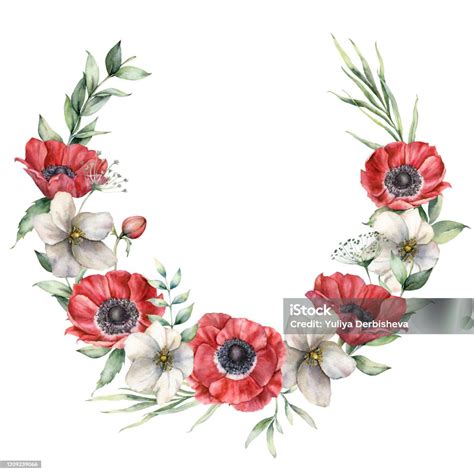 빨간색과 흰색 말미잘 수채화 꽃 화환 손으로 그린 휴일 꽃 싹과 유칼립투스 잎흰색 배경에 고립 디자인 인쇄 직물 배경에 대한 봄 그림 0명에 대한 스톡 벡터 아트 및 기타