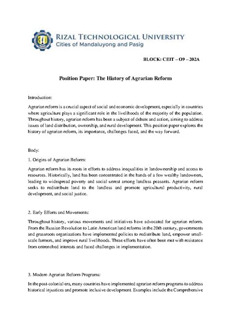 Rph Positionpaper Rph Position Paper Agrarian Reform Block Ceit O9 202a Position Paper