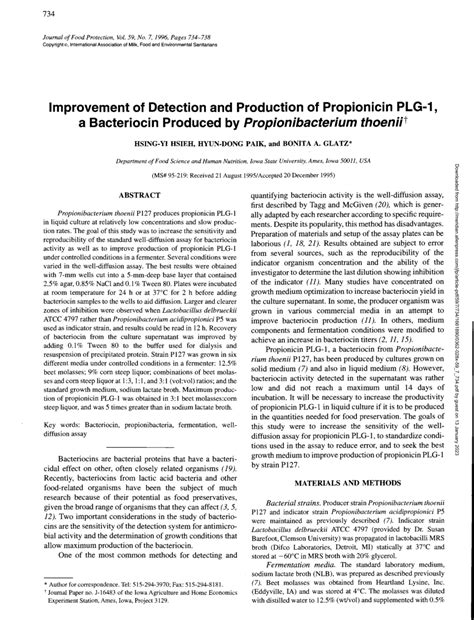 Pdf Improvement Of Detection And Production Of Propionicin Plg 1 A Bacteriocin Produced By