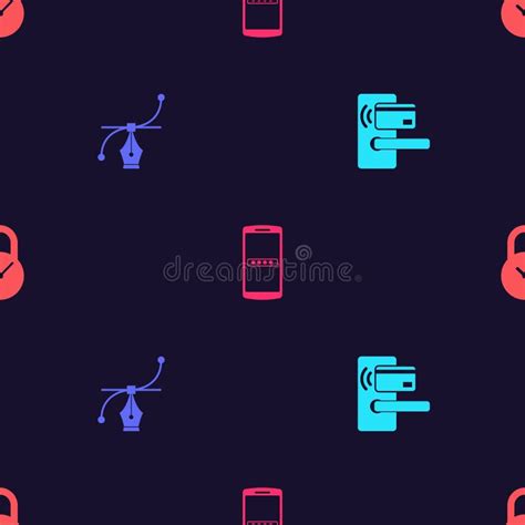 Set Digital Door Lock With Wireless Bezier Curve Mobile And Password And Padlock Clock On