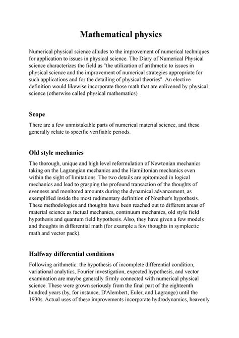 Mathematical Physics Ifah Mathematical Physics Numerical Physical Science Alludes To The