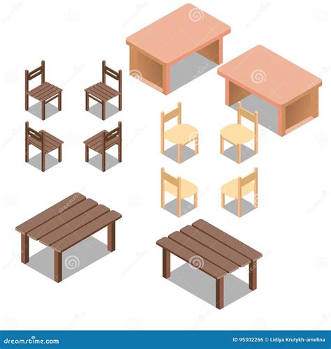 Vector Isometric Low Poly Outdoor And Ofice Tables And Chairs