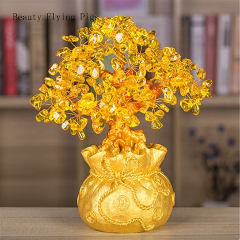 고급 황금 크리스탈 행운의 보물 나무 길조 재물 홈 오피스 장식 동상 오프닝 최고의 선물 Aliexpress