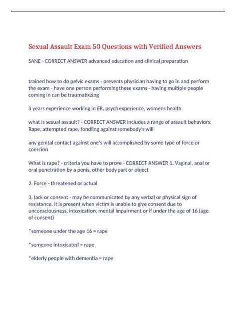 Sexual Assault Exam Questions With Verified Answers CORRECT Sexual Assault Stuvia US