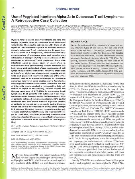 Pdf Use Of Pegylated Interferon Alpha 2a In Cutaneous T Cell Lymphoma A Retrospective Case