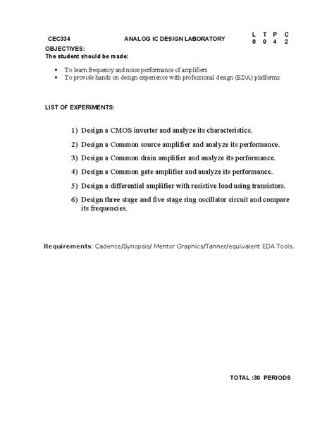 Analog Ic Design Lab Manual Cec334 Analog Ic Design Laboratory L T P