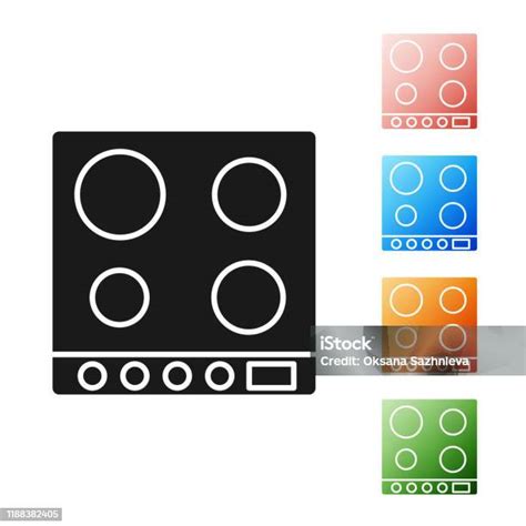 흰색 배경에 격리 된 검은 가스 스토브 아이콘입니다 쿡탑 기호입니다 4 개의 원 버너가있는 호브 다채로운 아이콘을 설정합니다 벡터 일러스트레이션 가열장치에 대한 스톡 벡터