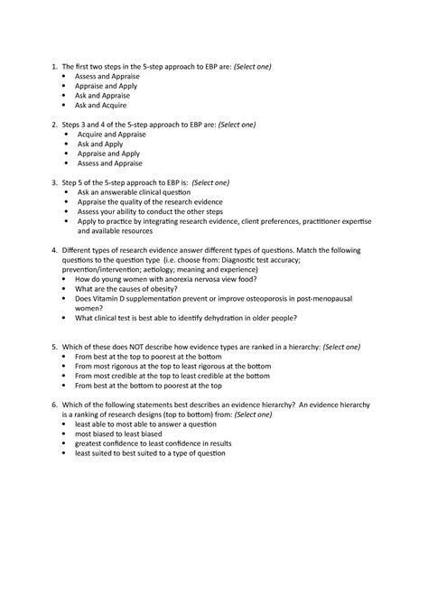 Evidence Based Practice PICO Questions Worksheat The First Two Steps In The Step Approach To