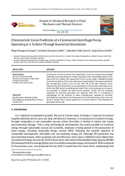 Pdf Characteristic Curve Prediction Of A Commercial Centrifugal Pump Operating As A Turbine